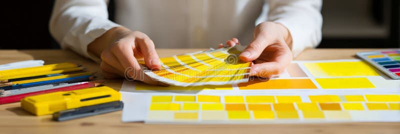 Designer Selecting Yellow Color Swatches for Creative Project on Sunny ...