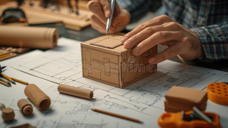 A Designer Sketching Detailed Brown Craft Cardboard Packaging Box with ...