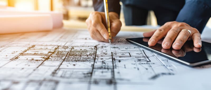Designer Sketching Detailed Wireframe Plan by Hand on Table with Tablet ...