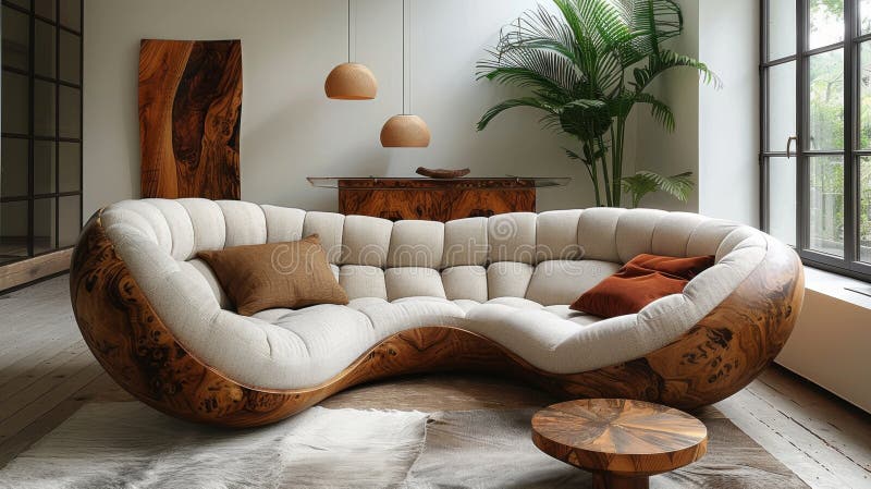 Designer Sofa in the Interior. Sofa Made of Wood and Fabric Stands in ...