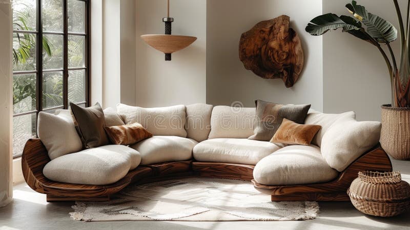 Designer Sofa in the Interior. Sofa Made of Wood and Fabric Stands in ...