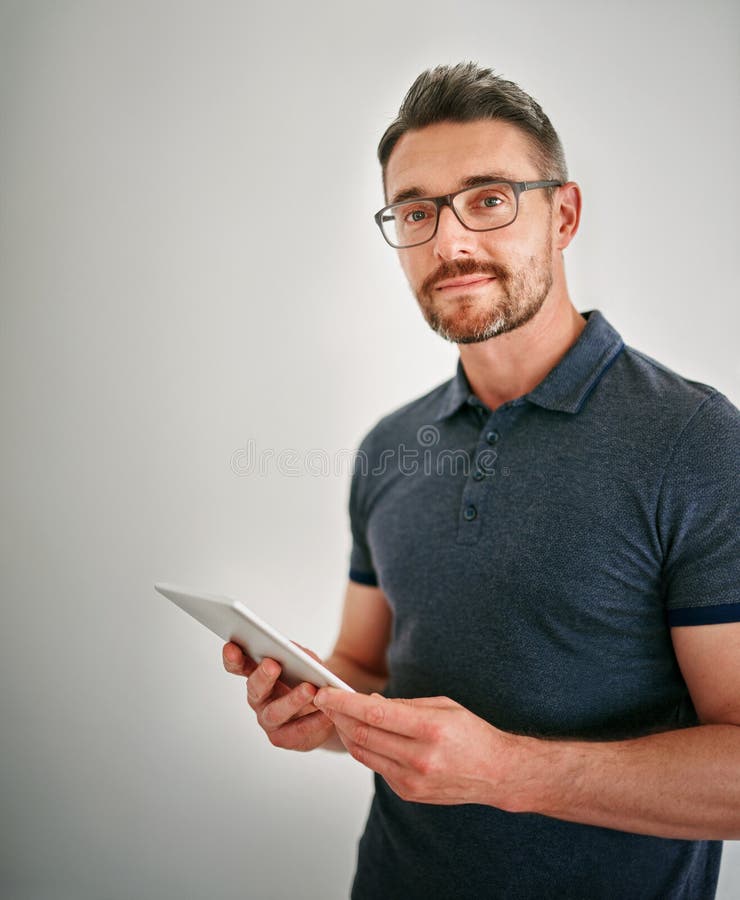 Designer, Studio and Tablet with Glasses, Portrait and Technology for ...