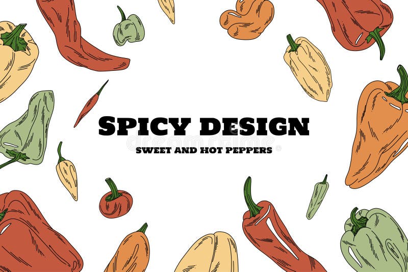 Designer Template Frame with Colorful Hand Drawn Peppers, Flat Style ...