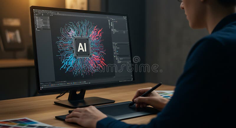 Designer Creating AI Chip Design with Digital Pen and Tablet on Stock ...