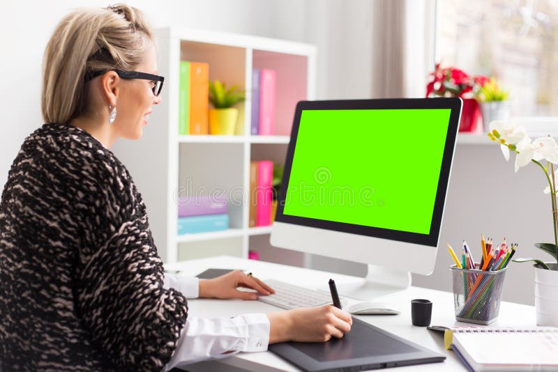 Designer Using Graphics Tablet while Working with Computer Stock Photo ...