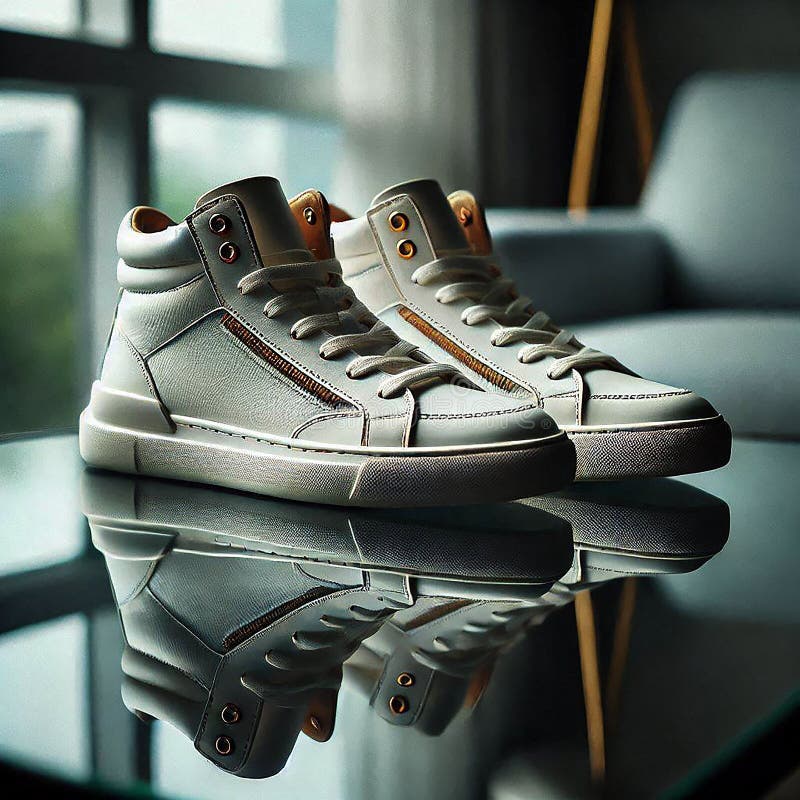 Designer White Leather Shoe on Glass Table Stock Illustration ...