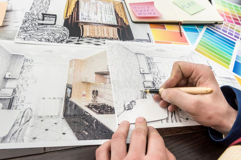 Designer Work at Office with Home Creative Sketch and Color Sample for ...