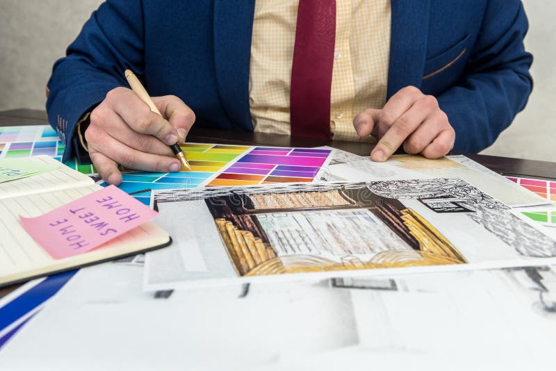 Designer Work at Office with Home Creative Sketch and Color Sample for ...