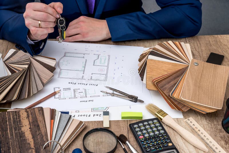 Designer Working with Architect Sketching Construction Project Stock ...