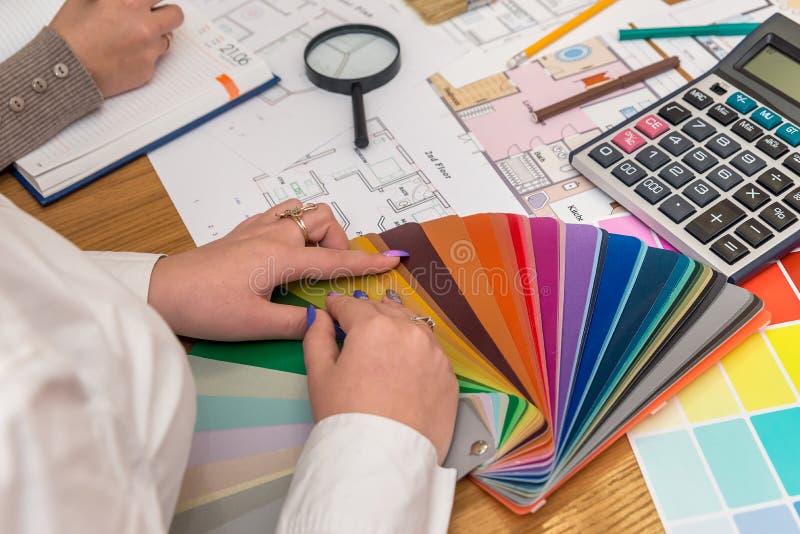 Designer Working with Color Palette at Office Stock Image - Image of ...