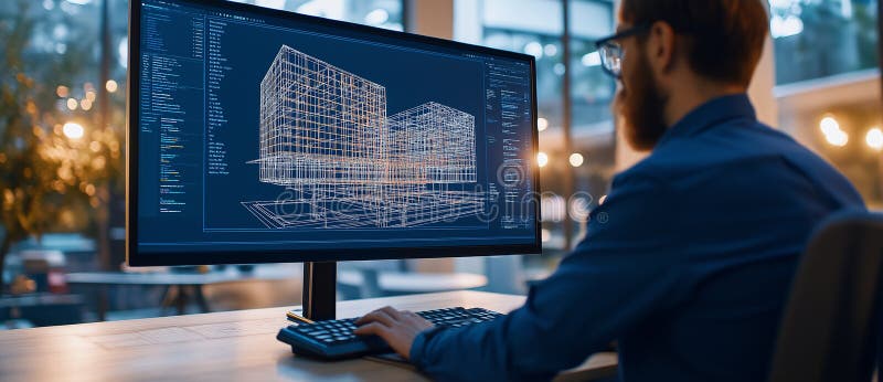 Designer Working on Computer Creating Architectural Designs with ...