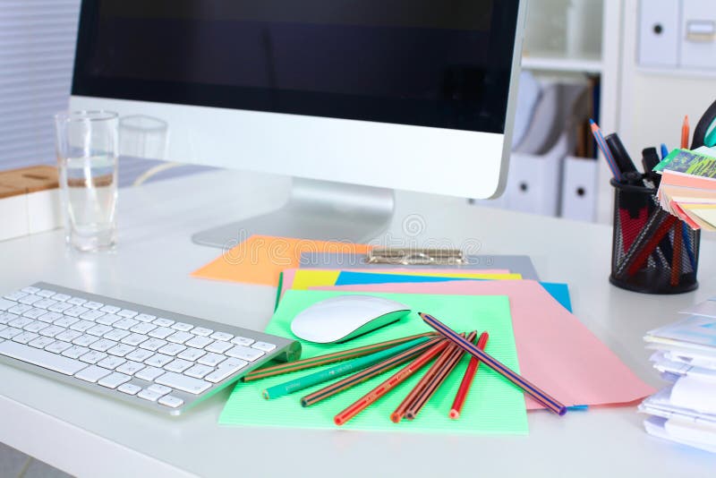 Designer Working Desk with a Computer and Paperwork Stock Photo - Image ...