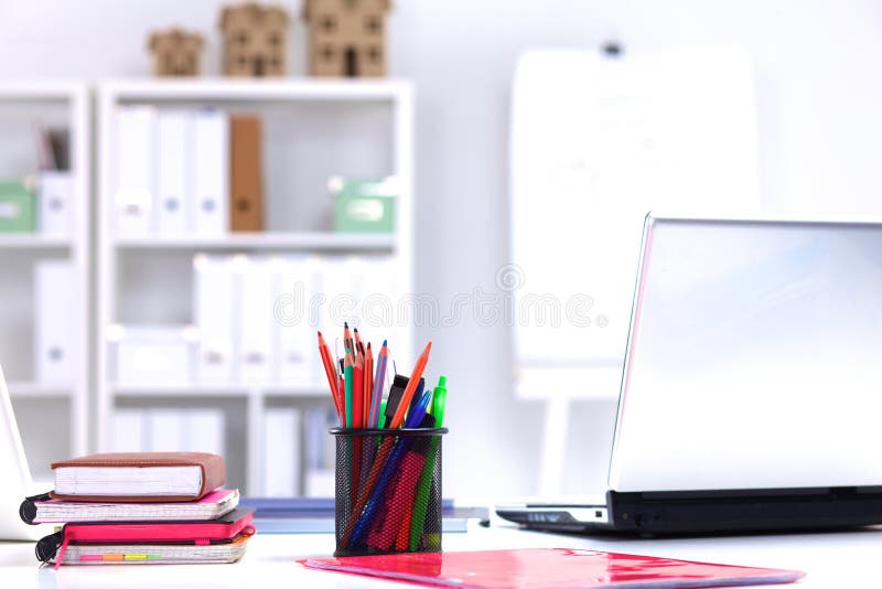 Designer Working Desk with a Computer and Paperwork Stock Image - Image ...