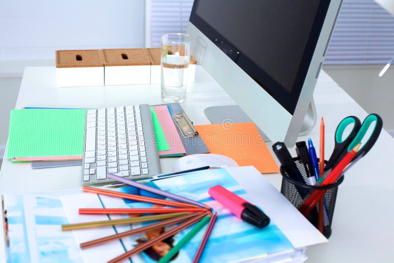 Designer Working Desk with a Computer and Paperwork Stock Photo - Image ...