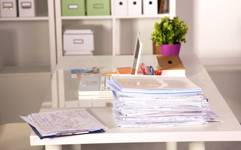 Designer Working Desk with a Computer and Paperwork Stock Image - Image ...