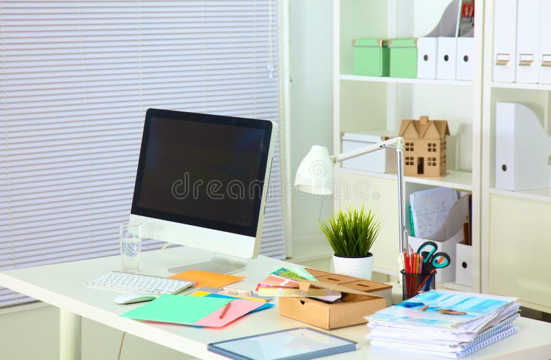 Designer Working Desk with Computer and Paperwork Stock Image - Image ...