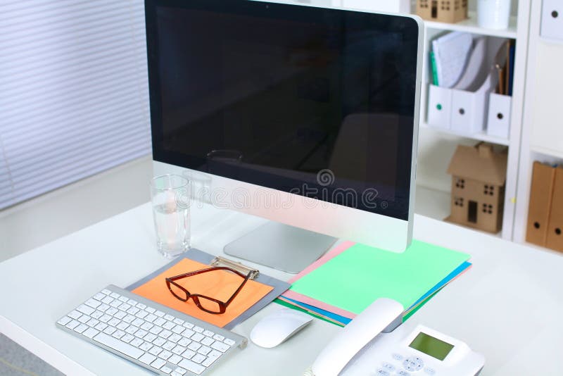 Designer Working Desk with Computer and Paperwork Stock Image - Image ...