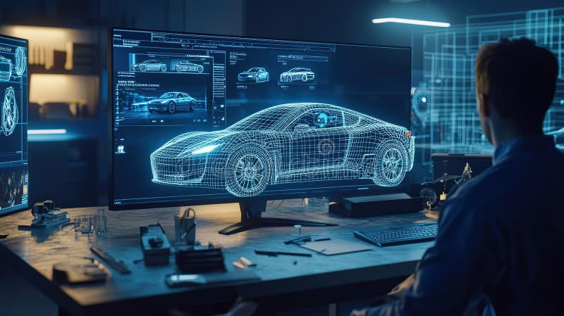 A Designer Working on a Digital Car Model in a High-tech Workspace with ...