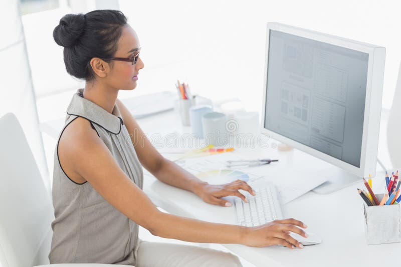 Designer Working at Her Desk Using Computer Stock Image - Image of ...