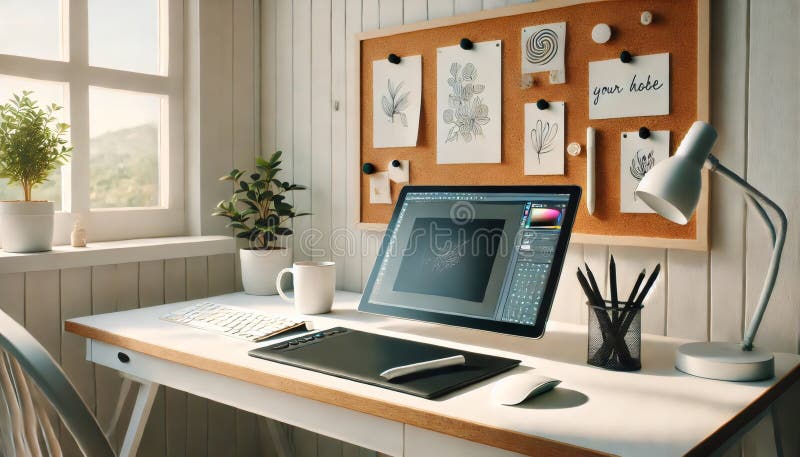 Designer Working from Home Using Computer and Drawing Tablet in a ...