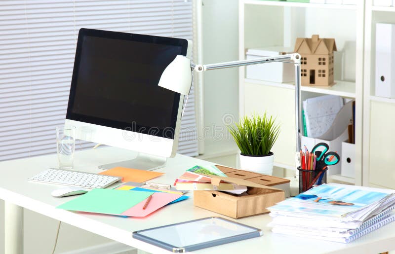 Designer Working Place with Computer and Paperwork Stock Photo - Image ...