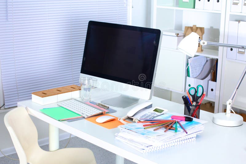 Designer Working Place with Computer and Paperwork Stock Image - Image ...