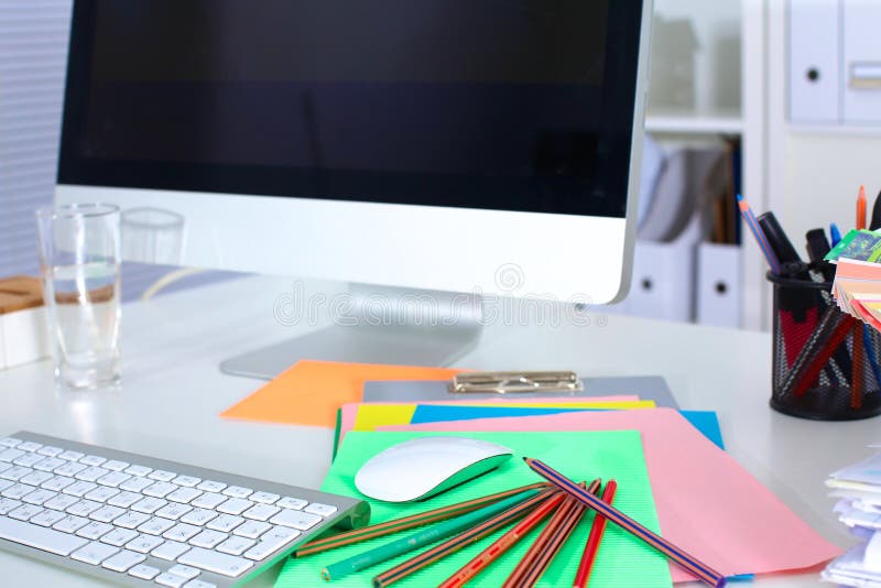 Designer Working Place with Computer and Paperwork Stock Image - Image ...
