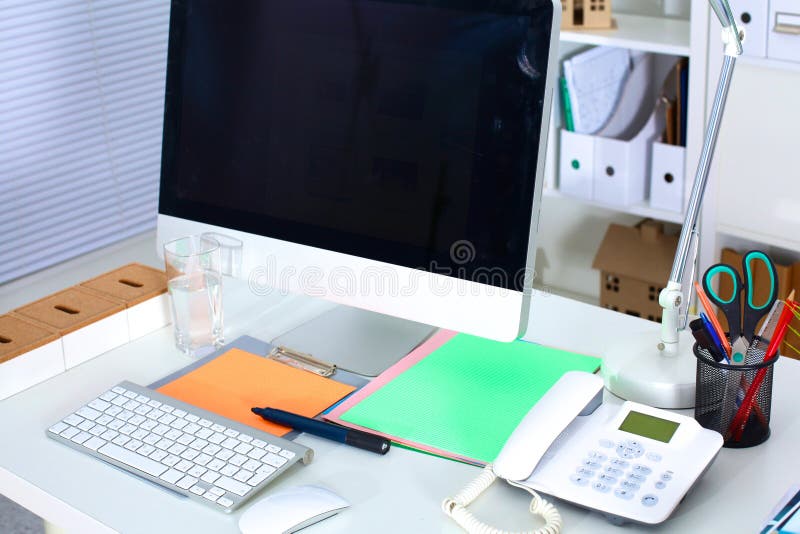 Designer Working Place with Computer and Paperwork Stock Image - Image ...
