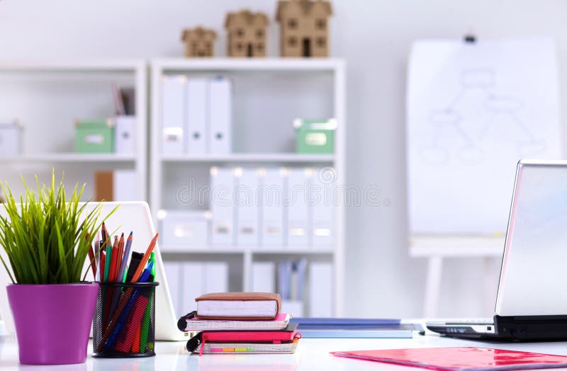 Designer Working Place with Computer and Paperwork Stock Image - Image ...