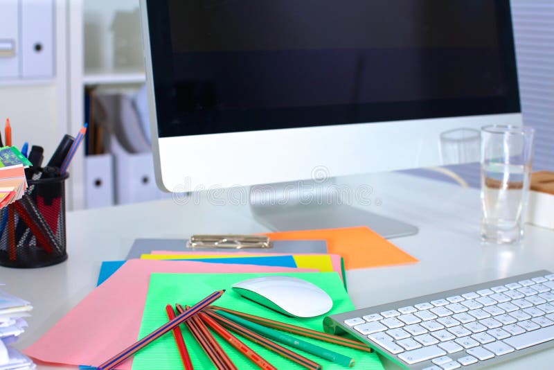 Designer Working Place with Computer and Paperwork Stock Image - Image ...