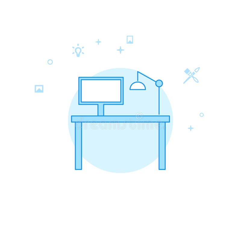 Designer Workplace Flat Vector Illustration, Icon. Light Blue ...
