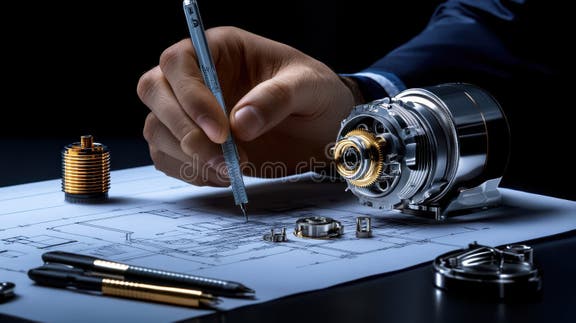 A Designer Works on a Detailed Technical Blueprint, Combining ...