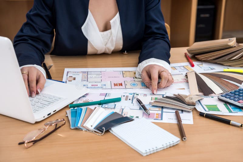 Designer Works in the Office with Samples of Colors Stock Photo - Image ...