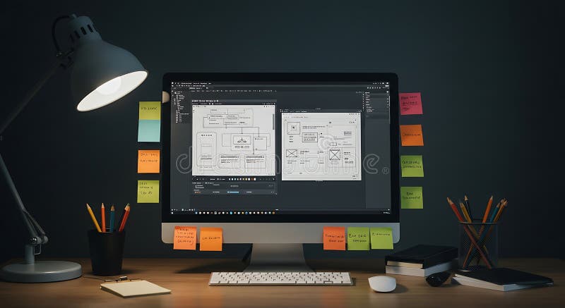 Designer Workspace with Computer Screen Showing Wireframes and Sticky ...