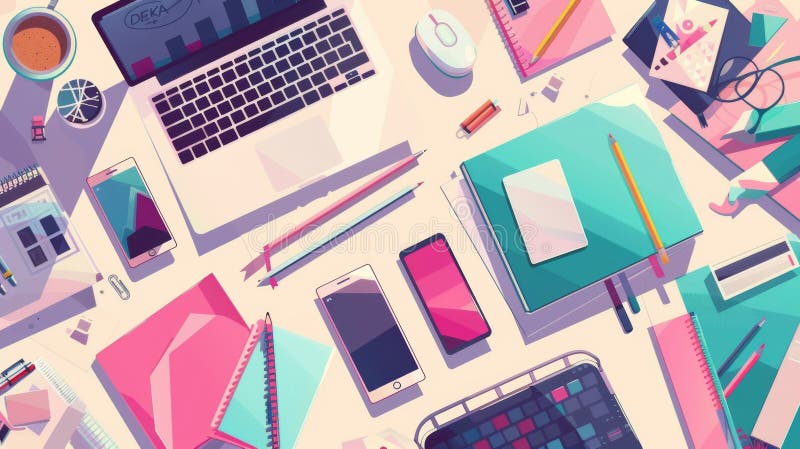 Designer Workspace Posters with Cartoon Flat Lay of a Workspace with ...