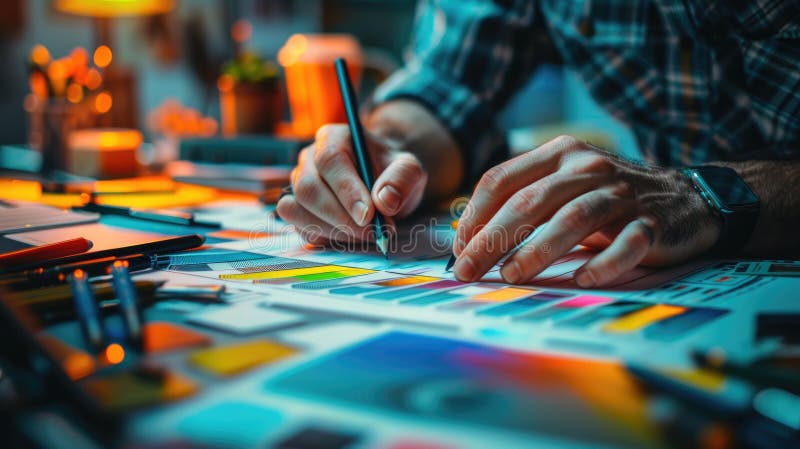 A Designer is Writing on a Piece of Paper with a Pen, Sketching on Desk ...