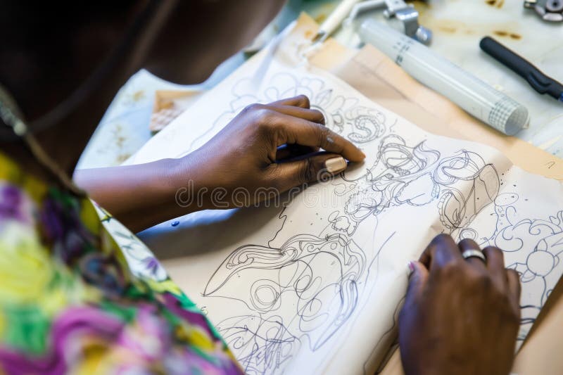 Designers Hand Tracing a Pattern for a Dress on Pattern Paper Stock ...