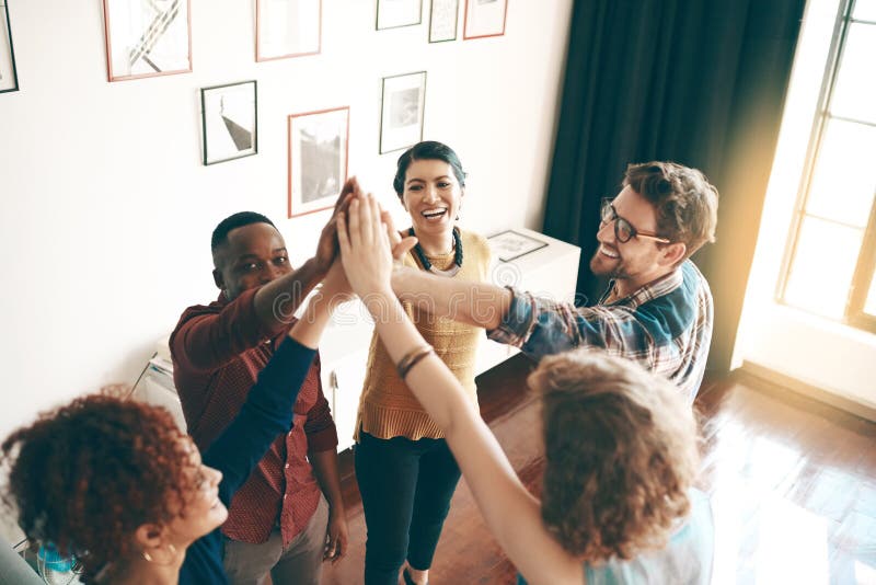 Designers, High Five and Happy in Studio for Teamwork, Support and ...