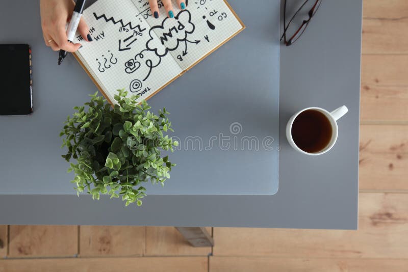 Designers Table with Notes and Tools, Above Stock Image - Image of ...