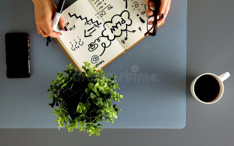 Designers Table with Notes and Tools, Above Stock Photo - Image of ...