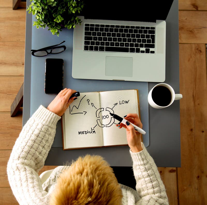 Designers Table with Notes and Tools, Above Stock Image - Image of ...