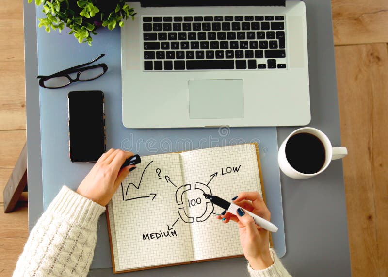 Designers Table with Notes and Tools, Above Stock Image - Image of ...