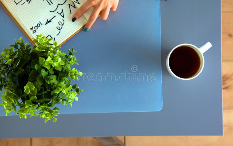 Designers Table with Notes and Tools, Above Stock Photo - Image of ...