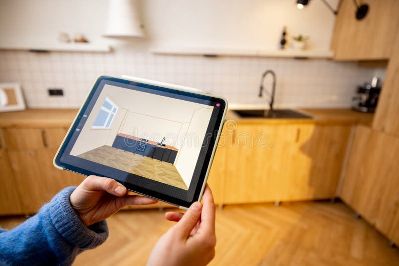 Designing Kitchen Space with a Digital Tablet Stock Image - Image of ...