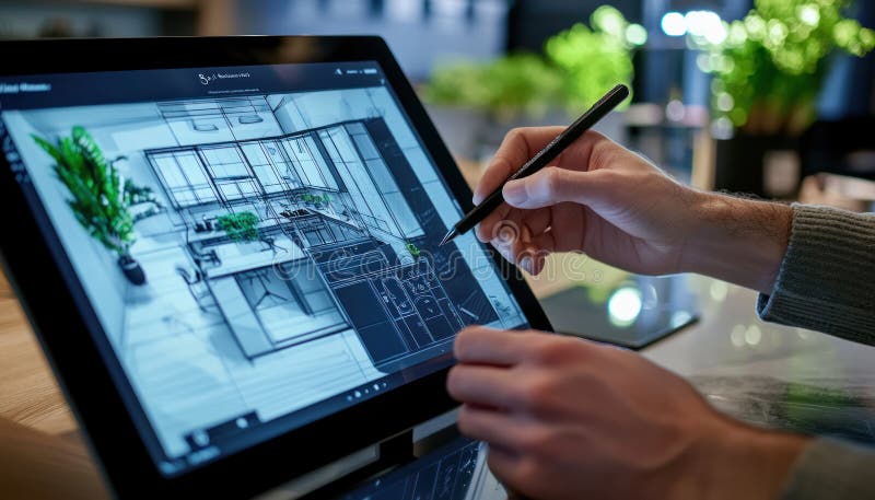 Designing Modern Kitchen Using Stylus on Digital Display, Showcasing ...