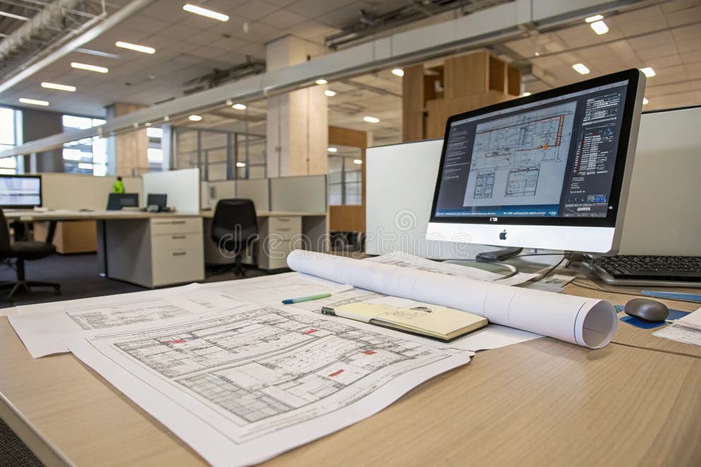 Designing Office with Desk and Computer Modeling Stock Illustration ...