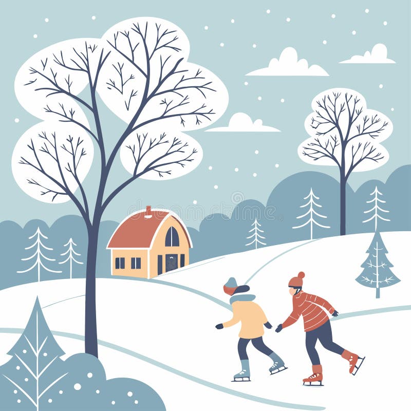 Happy Couple Ice Skating in Winter Landscape, Cartoon Style, Holiday ...