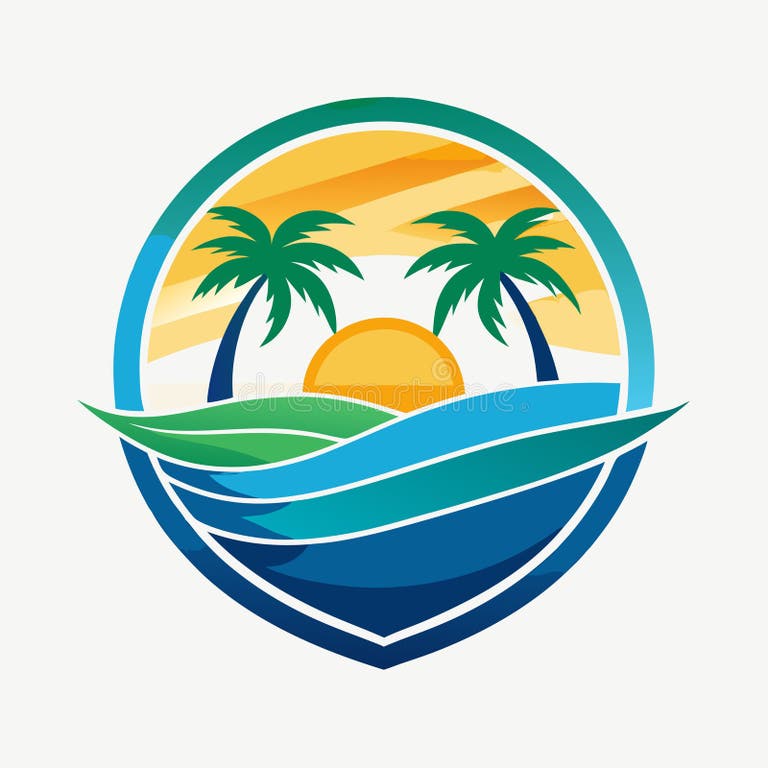Tropical Beach Emblem with Palm Trees Sunrise and Waves, Colorful Logo ...