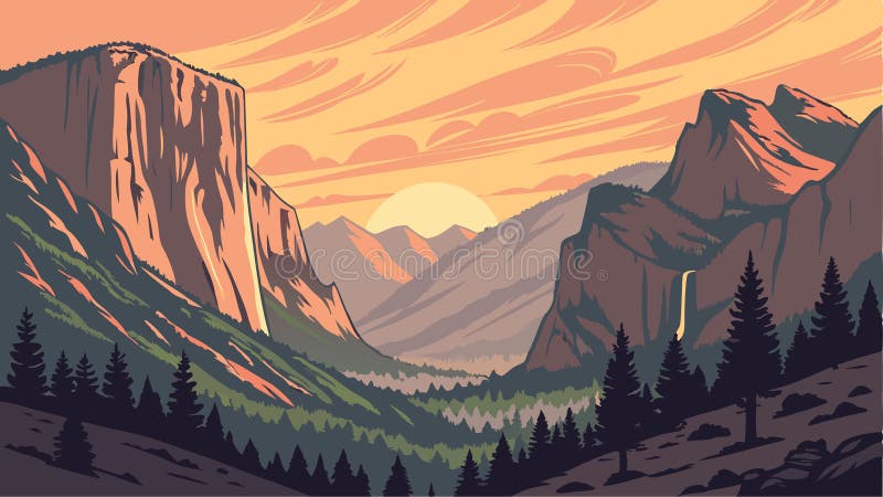 Sunset Over Yosemite Valley, Vector Illustration, Orange and Green ...