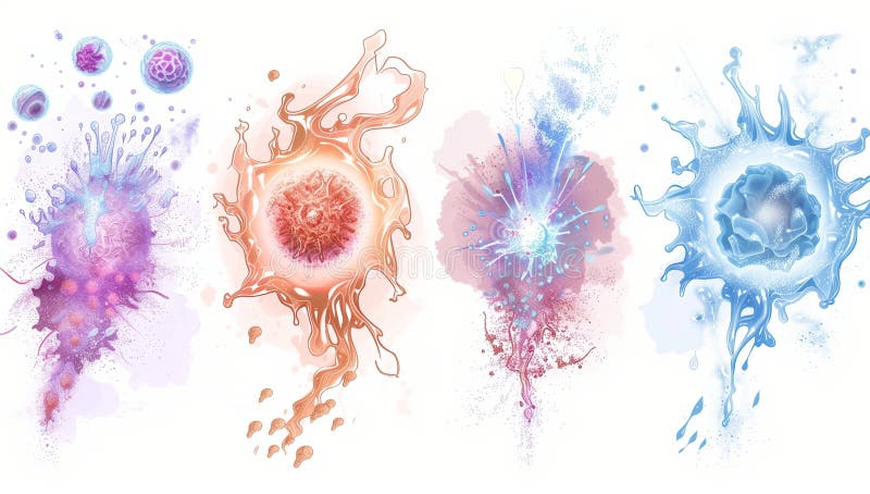 4 Designs of Differently Colored Glowing Cells, on a White Background ...